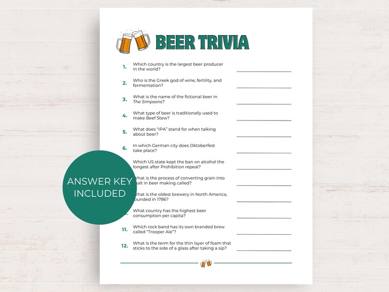 Beer Trivia Game, Printable Beer Themed Party Game, Beer Trivia Game ...