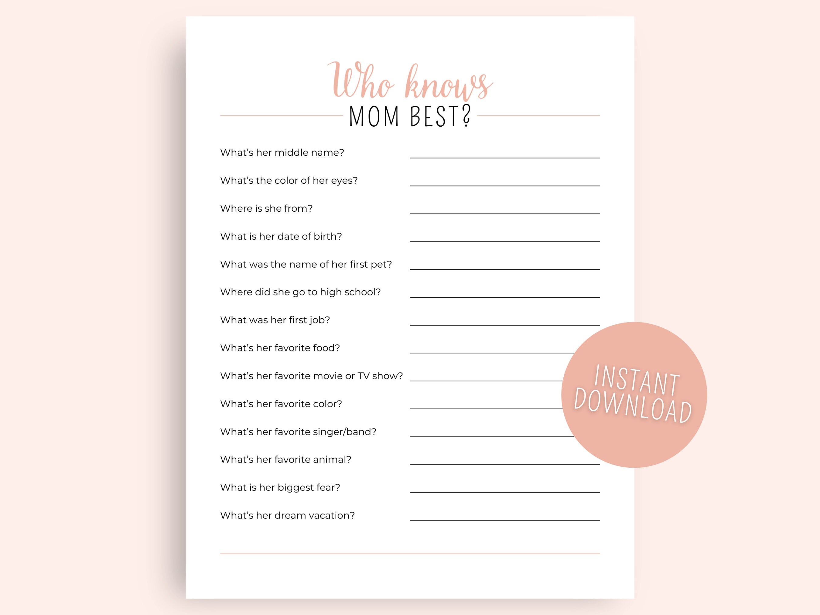 Who Knows Mom Best Game, How Well Do You Know Mom, Printable Mother's ...