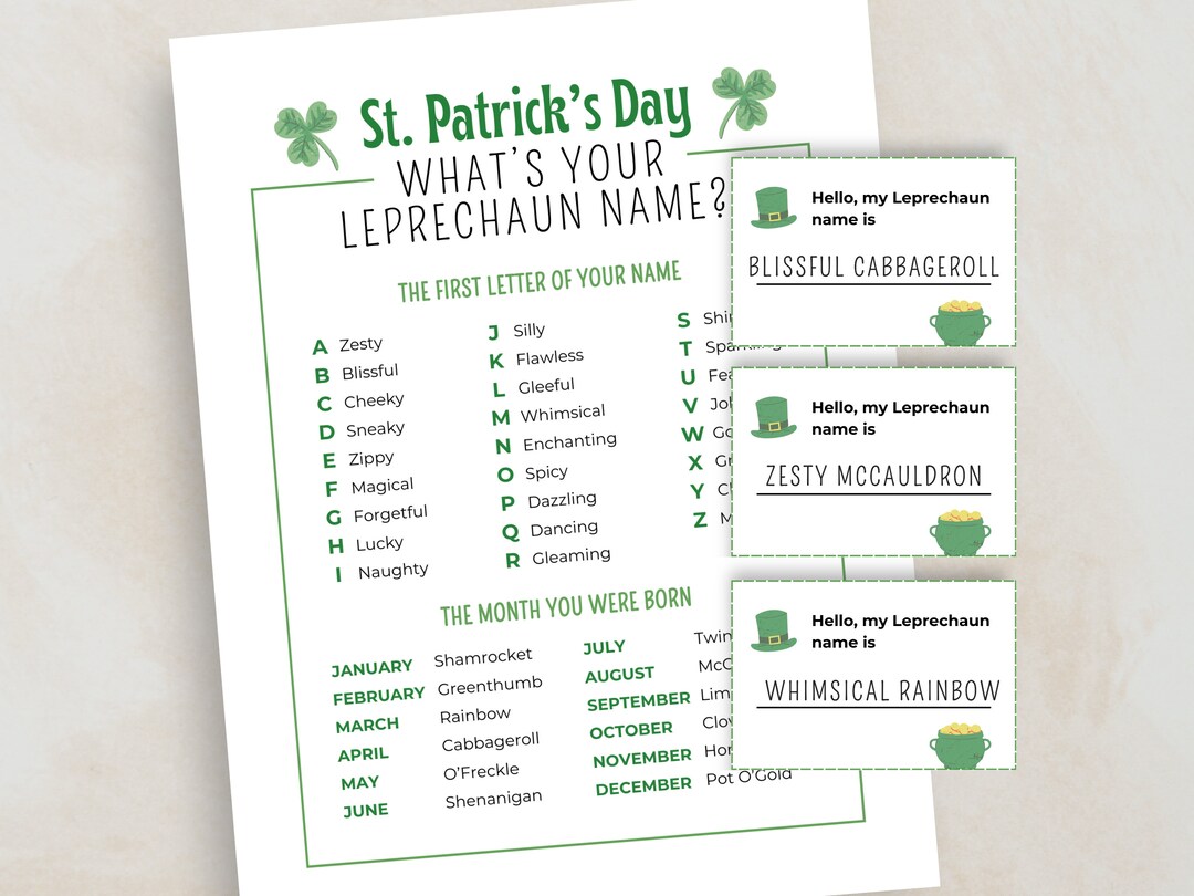 St Patrick’s Day What's Your Leprechaun Name Game With Name Tags, Fun ...