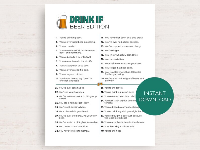 Beer Drinking Game, Printable Drink If Beer Themed Party Game, Adult ...