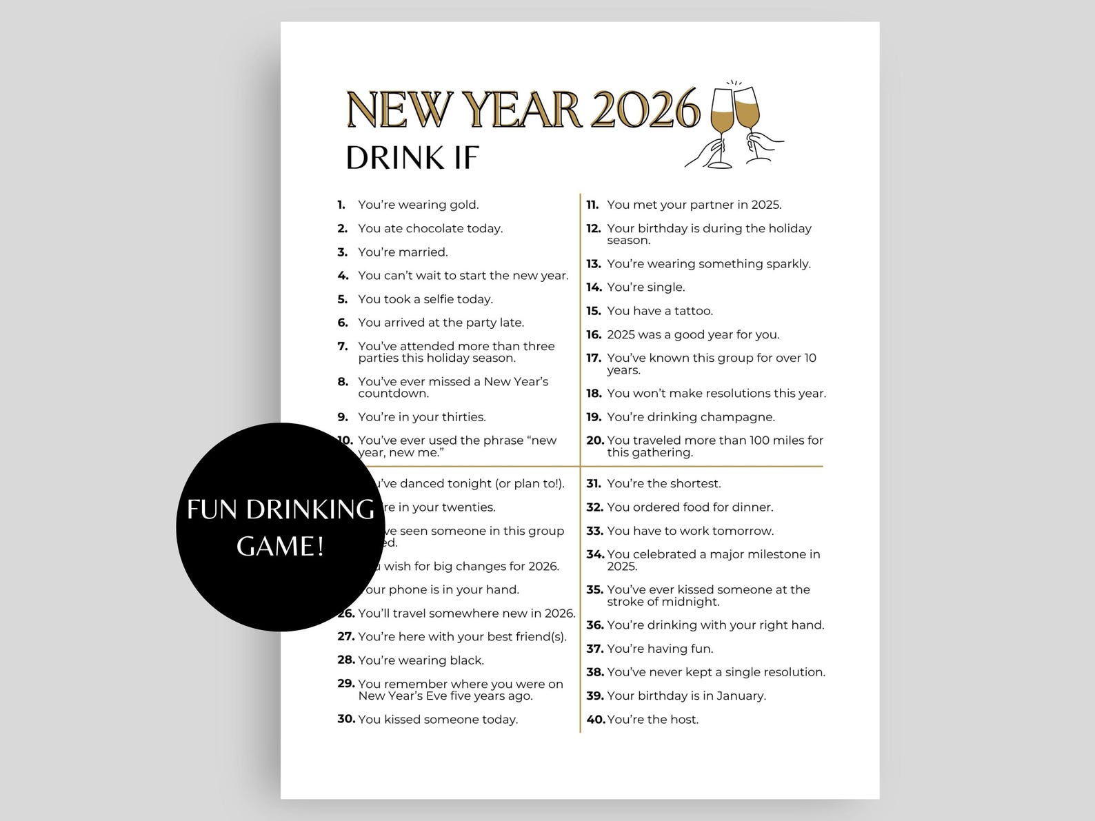 New Year Drinking Party Game, Printable New Year Drink If Game, Fun New ...