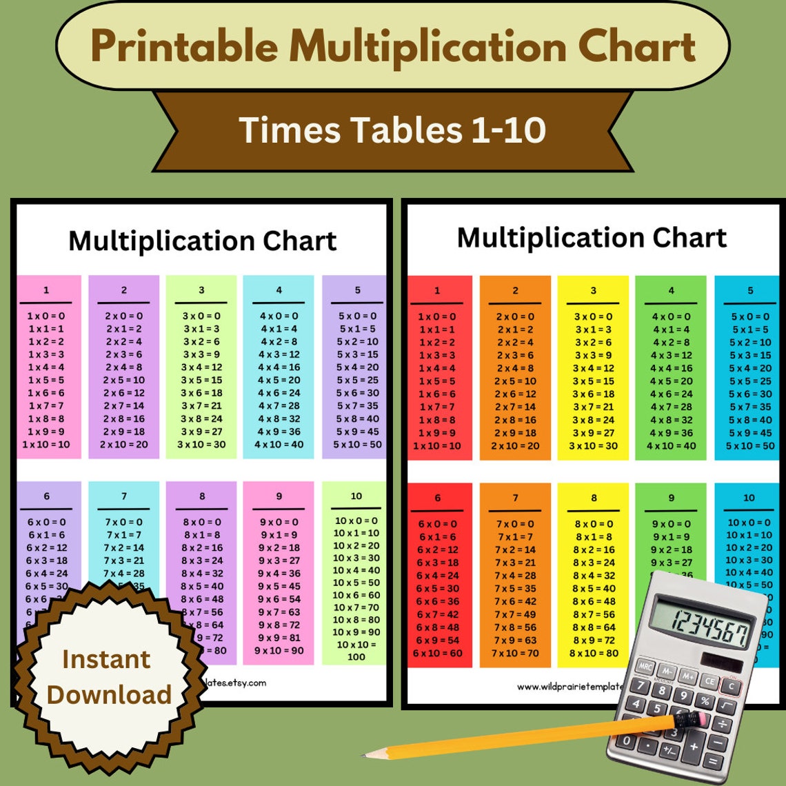 Printable Multiplication Chart - Times Tables - Multiple Color ...
