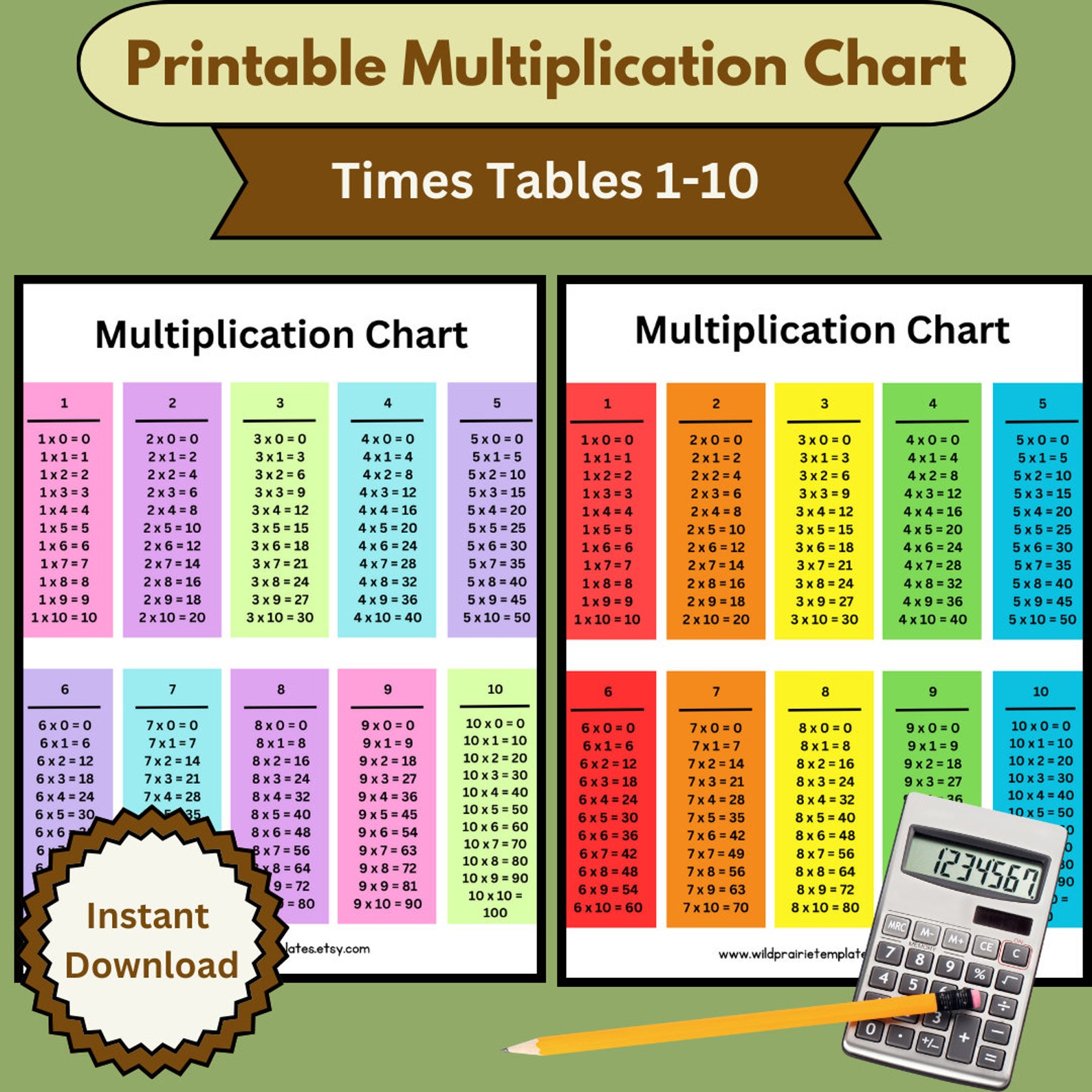 Printable Multiplication Chart - Times Tables - Multiple Color ...