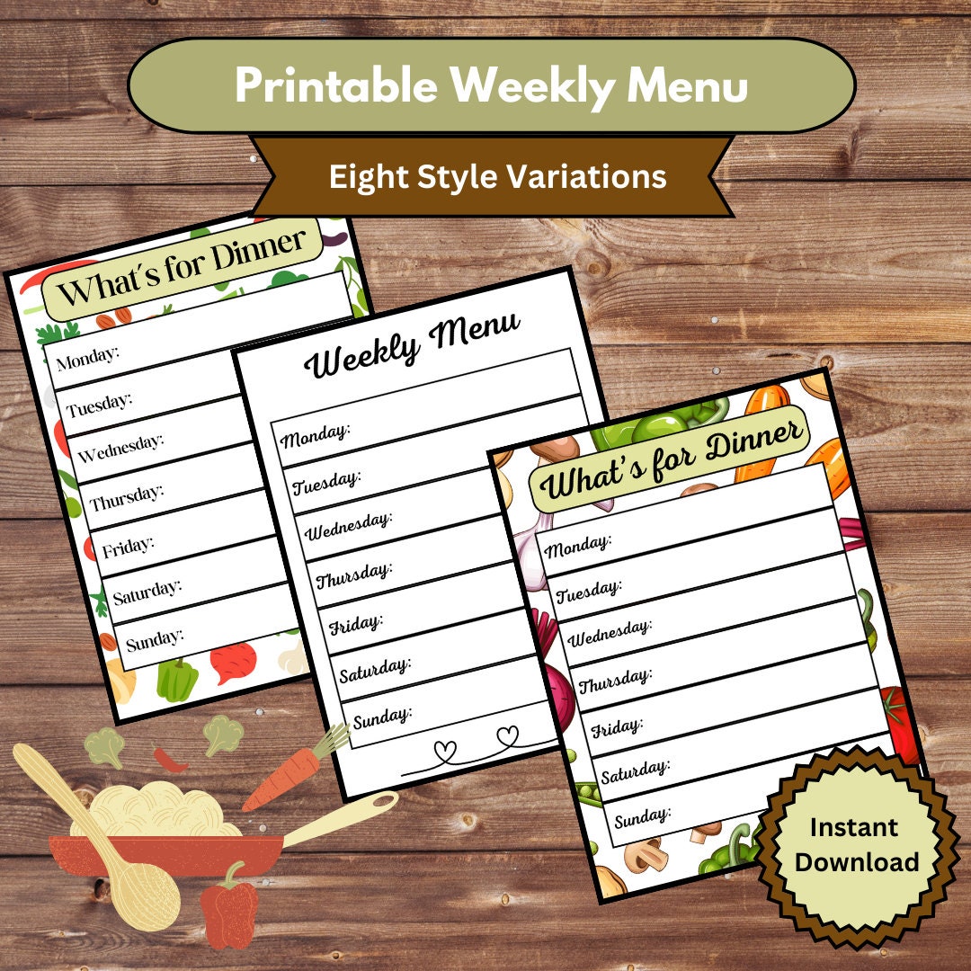 Printable Weekly Menu - Eight Style Variations - Meal Planning - Meal ...