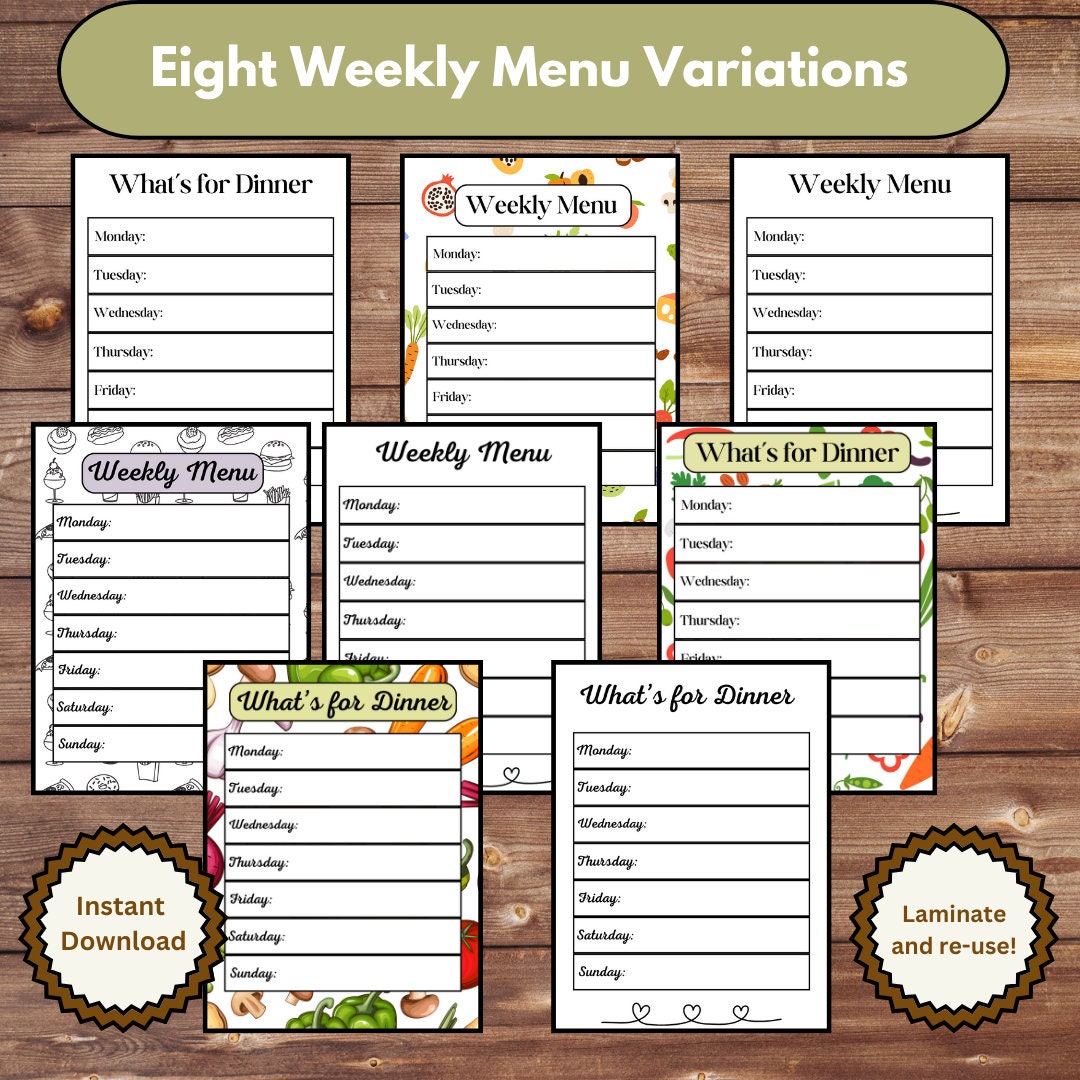 Printable Weekly Menu - Eight Style Variations - Meal Planning - Meal ...