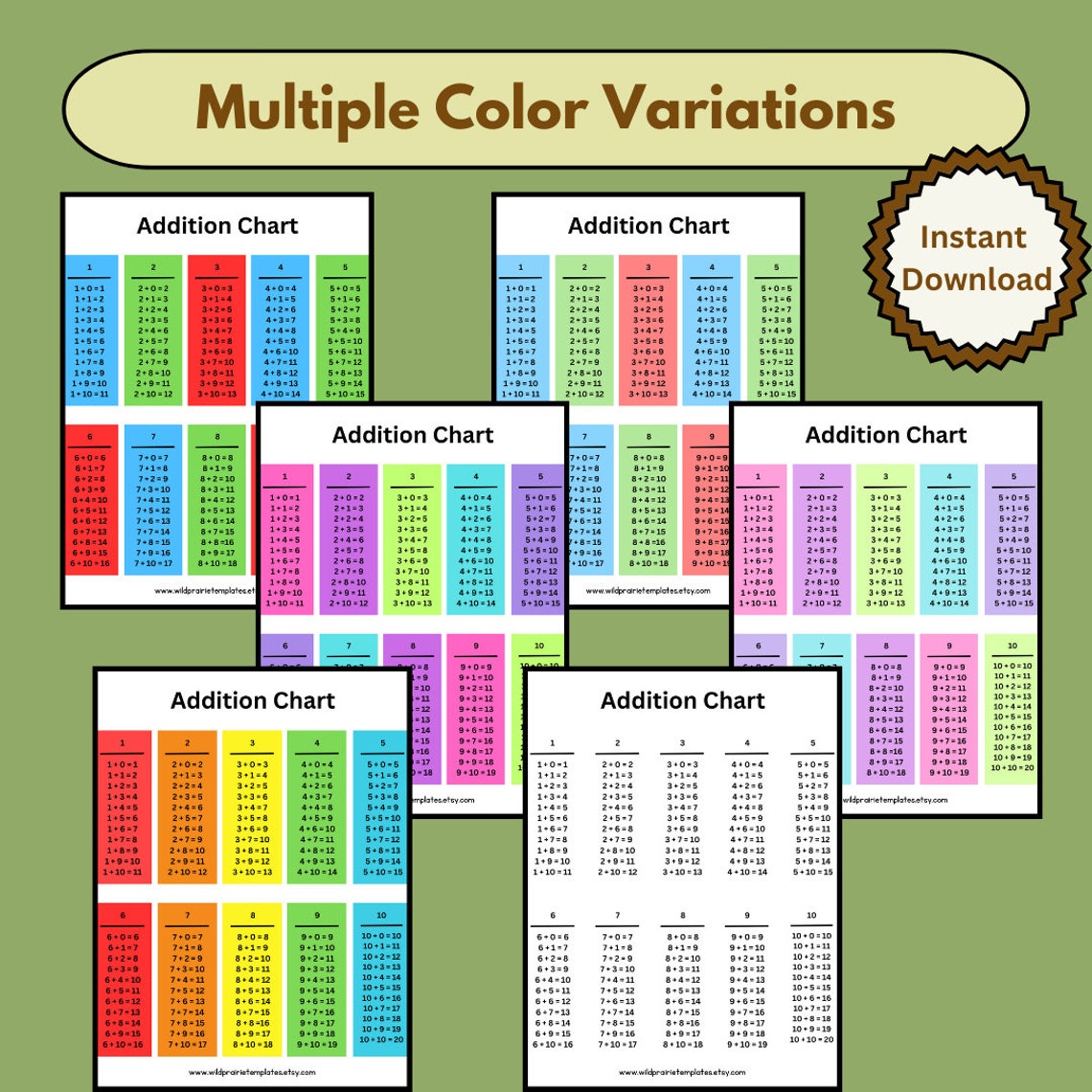 Printable Addition Chart - Addition Tables - Multiple Color Variations ...