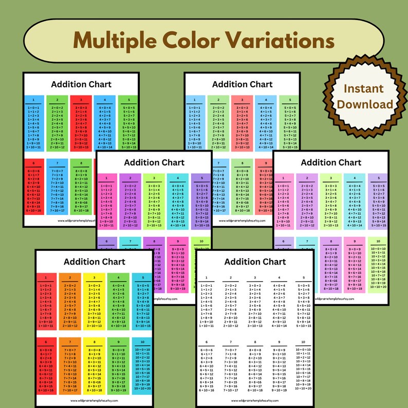 Printable Addition Chart - Addition Tables - Multiple Color Variations ...