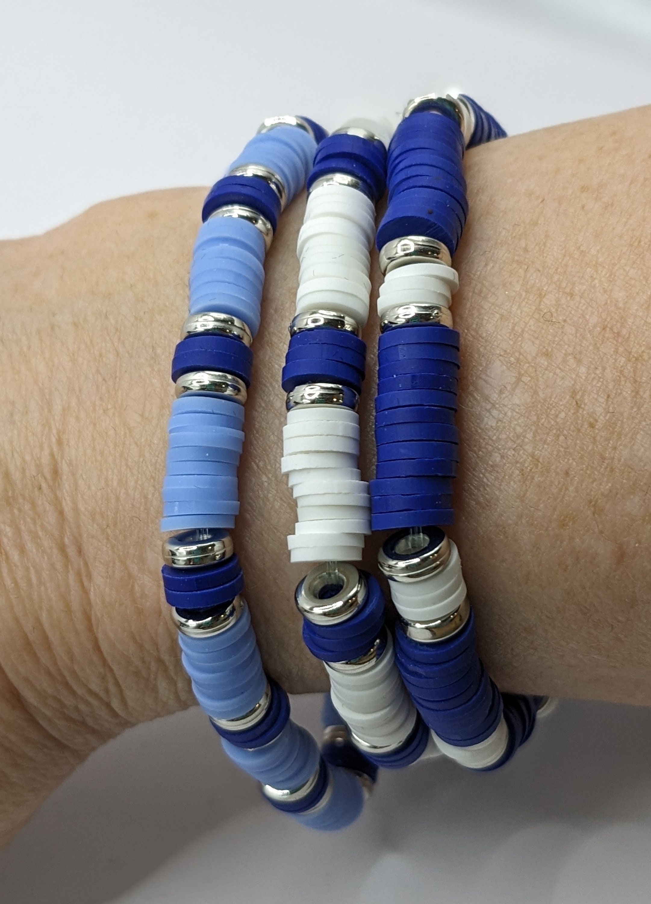 Heishi Clay Bracelet Set, Navy, White & Medium Blue, Summer, Surfer ...