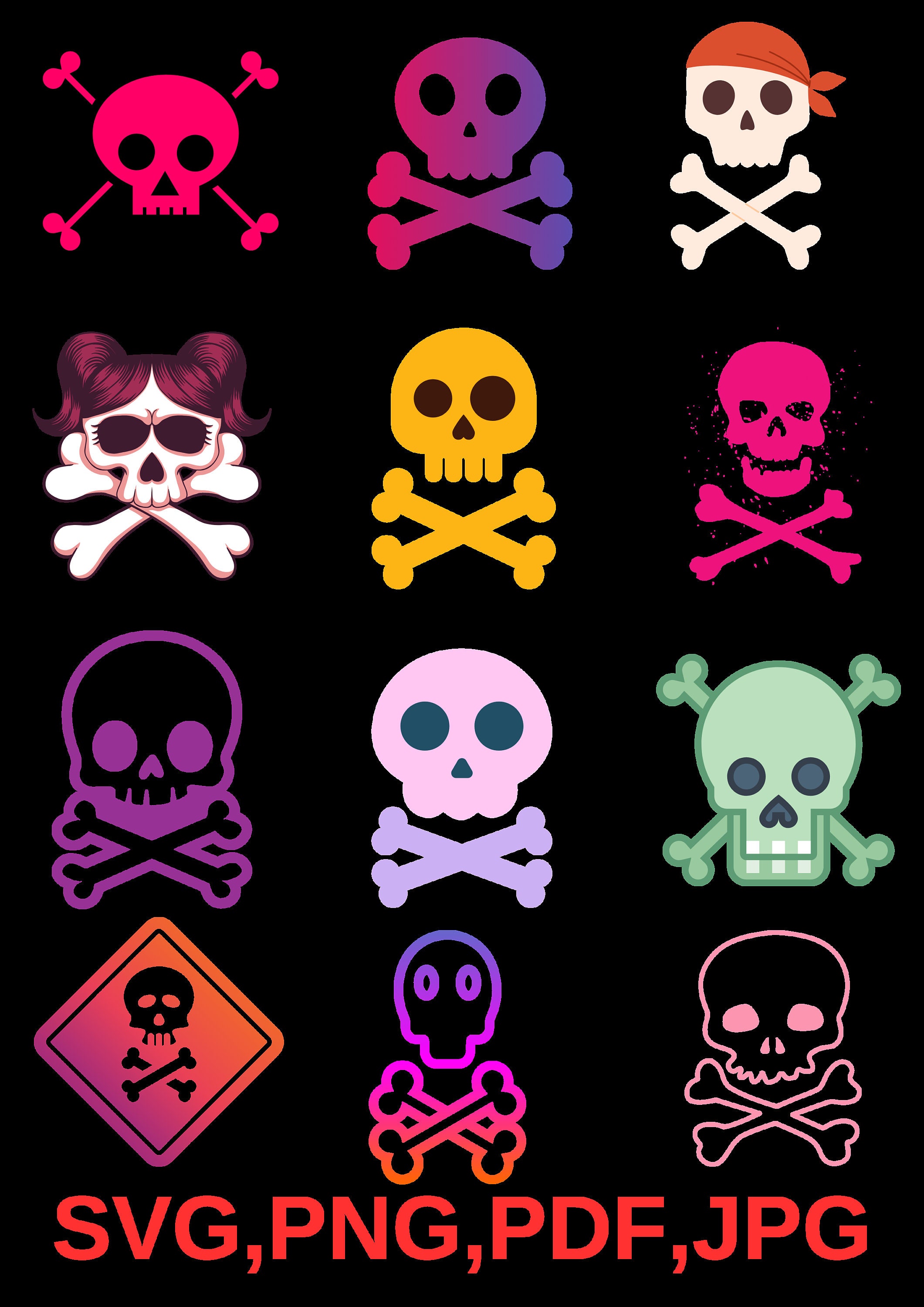 12 Pieces Digital Downloadable Skull Designs, Skull and Crossbones ...