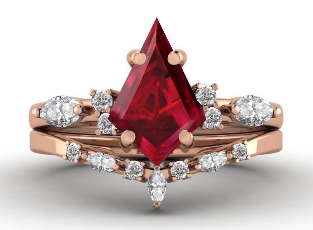 Kite Cut Ruby Engagement Ring Set, Art Deco Wedding Bridal Band ...