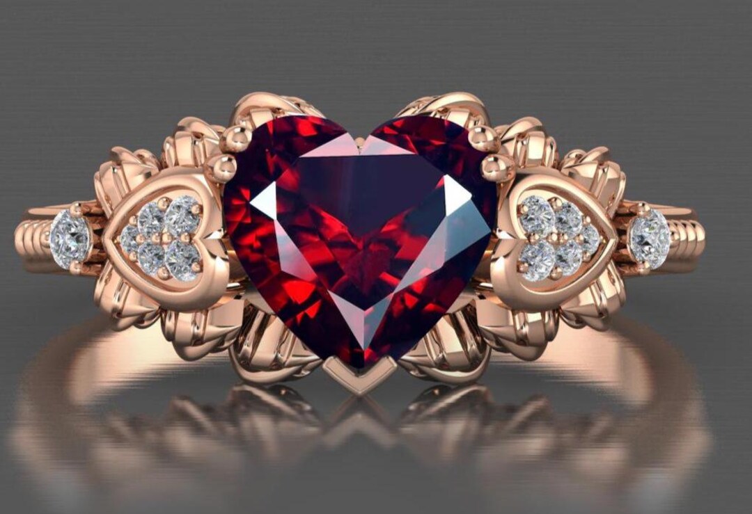 Garnet Heart Engagement Ring, Rose Gold, January Birthstone, Moissanite ...