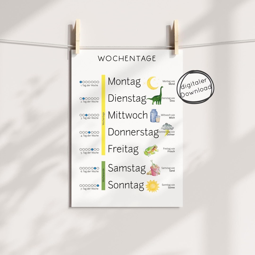 Weekdays Poster for Children PDF, Time Days Weekdays Learning, Digital ...