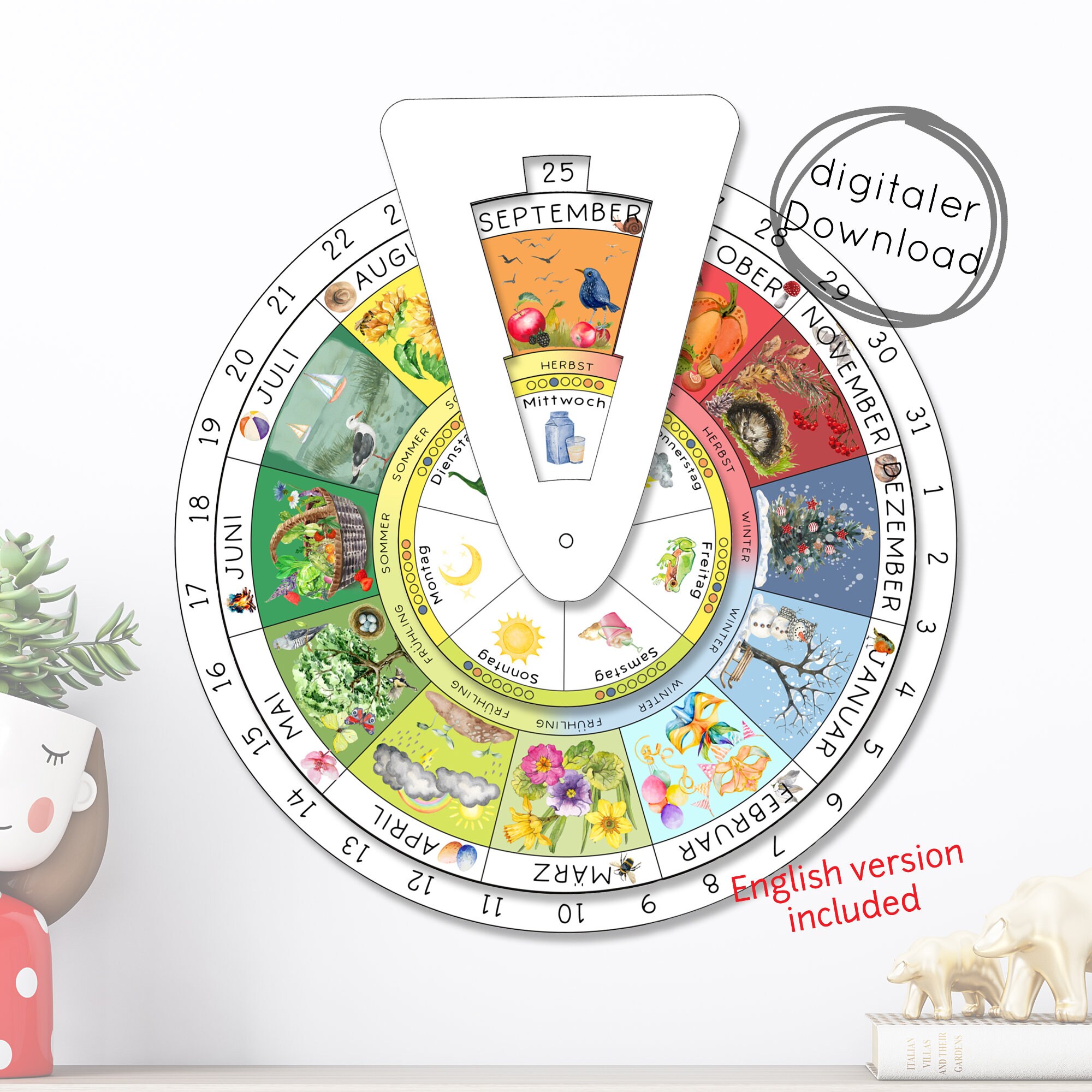 Monthly Clock PDF With Days & Weekdays for Children, Seasonal Clock ...