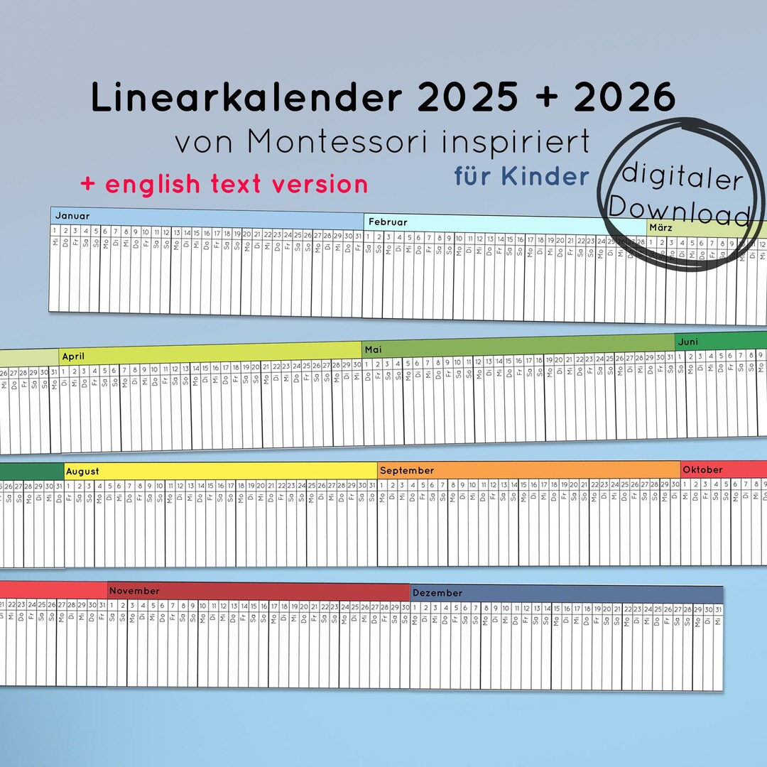 Linear Calendar 2025 + 2026 for Children PDF, Time Days Months Learning ...