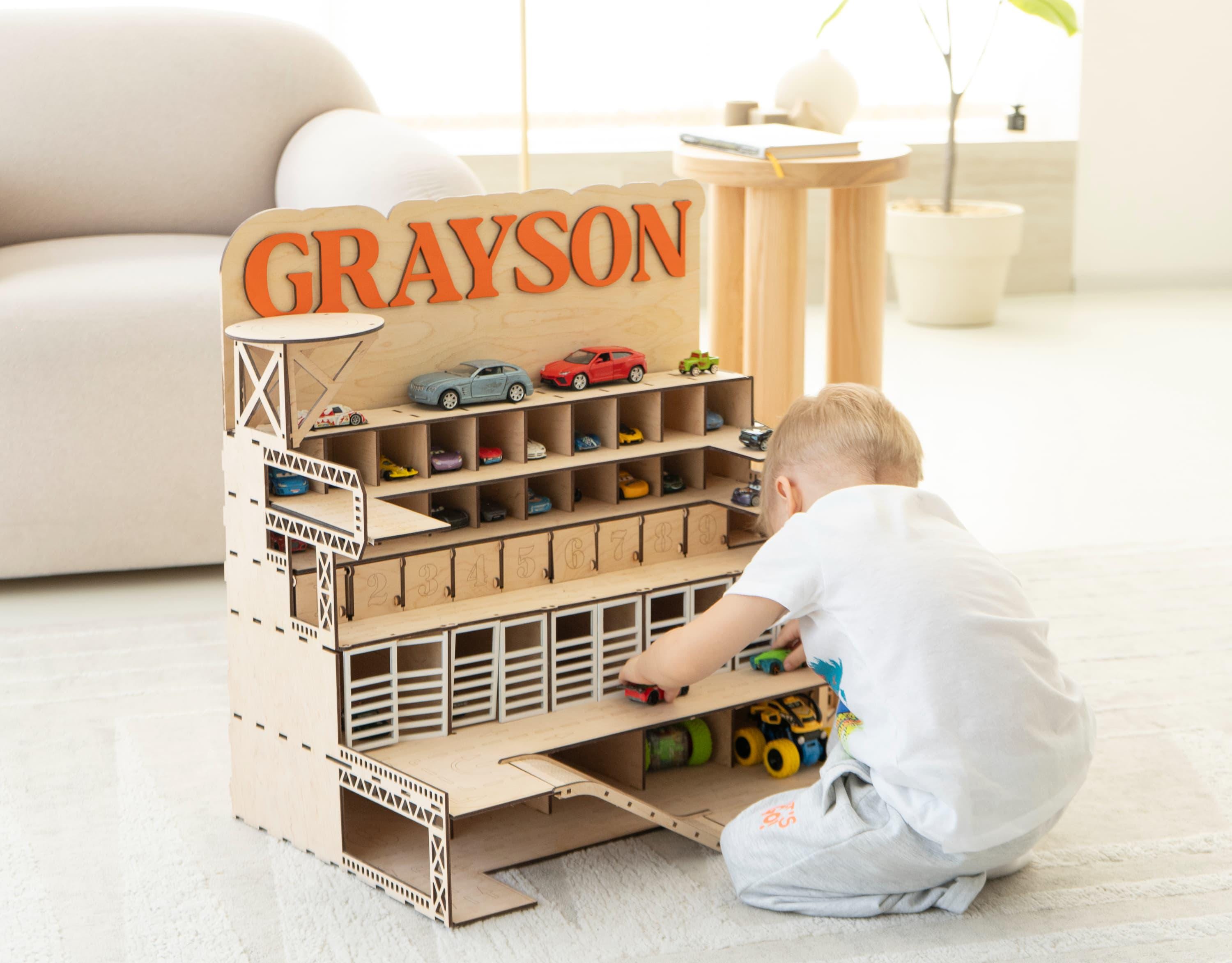 Personalized Wooden Car Garage, Jump Ramp, Toy Race Track, Birthday ...