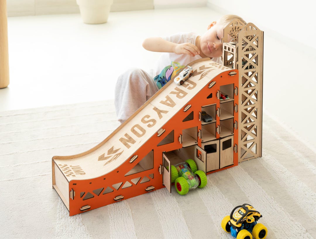 Wooden Garage Toy With Car Ramp, Multi Level Toy Parking Garage With ...