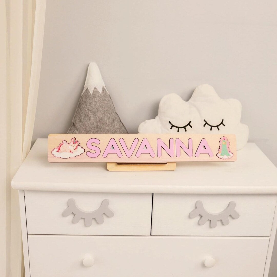 Pale Pink Baby Name Sign With Unicorn & Princess, Kids Wooden Name ...