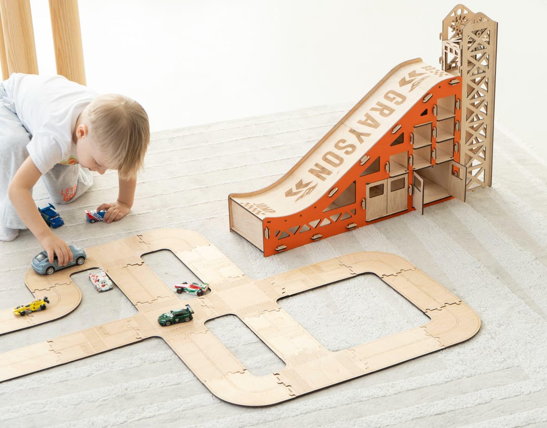 Set Personalized Wooden Car Ramp Car Track & Elevator, Toy Garage for ...