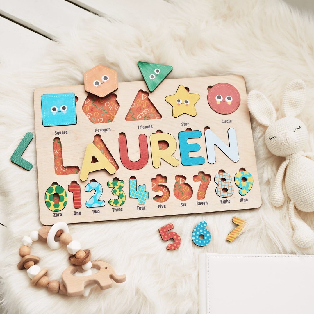 Wooden Name Busy Board With Shapes & Numbers, Personalized Name Puzzle ...