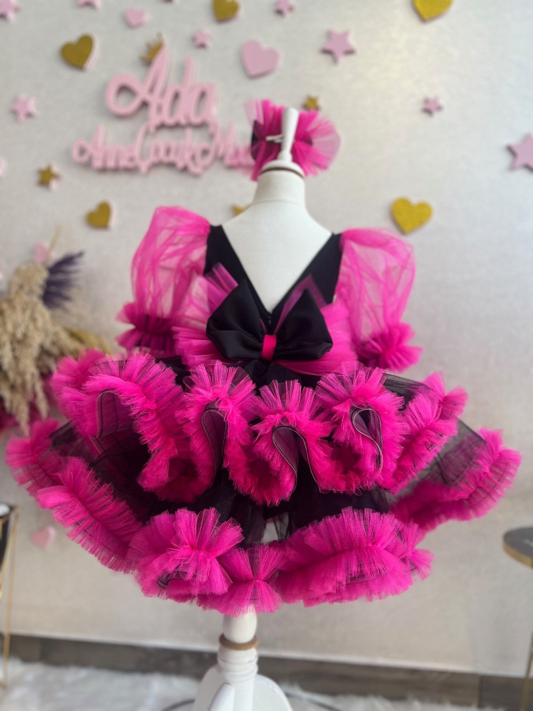 Fuchsia and Black Dress, Fuchsia Baby Girl Costume, Puffy Knee Length ...
