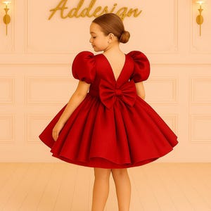 Premium Satin Puff Sleeve Bow-back Twirl Dress – Girls Party & Flower ...