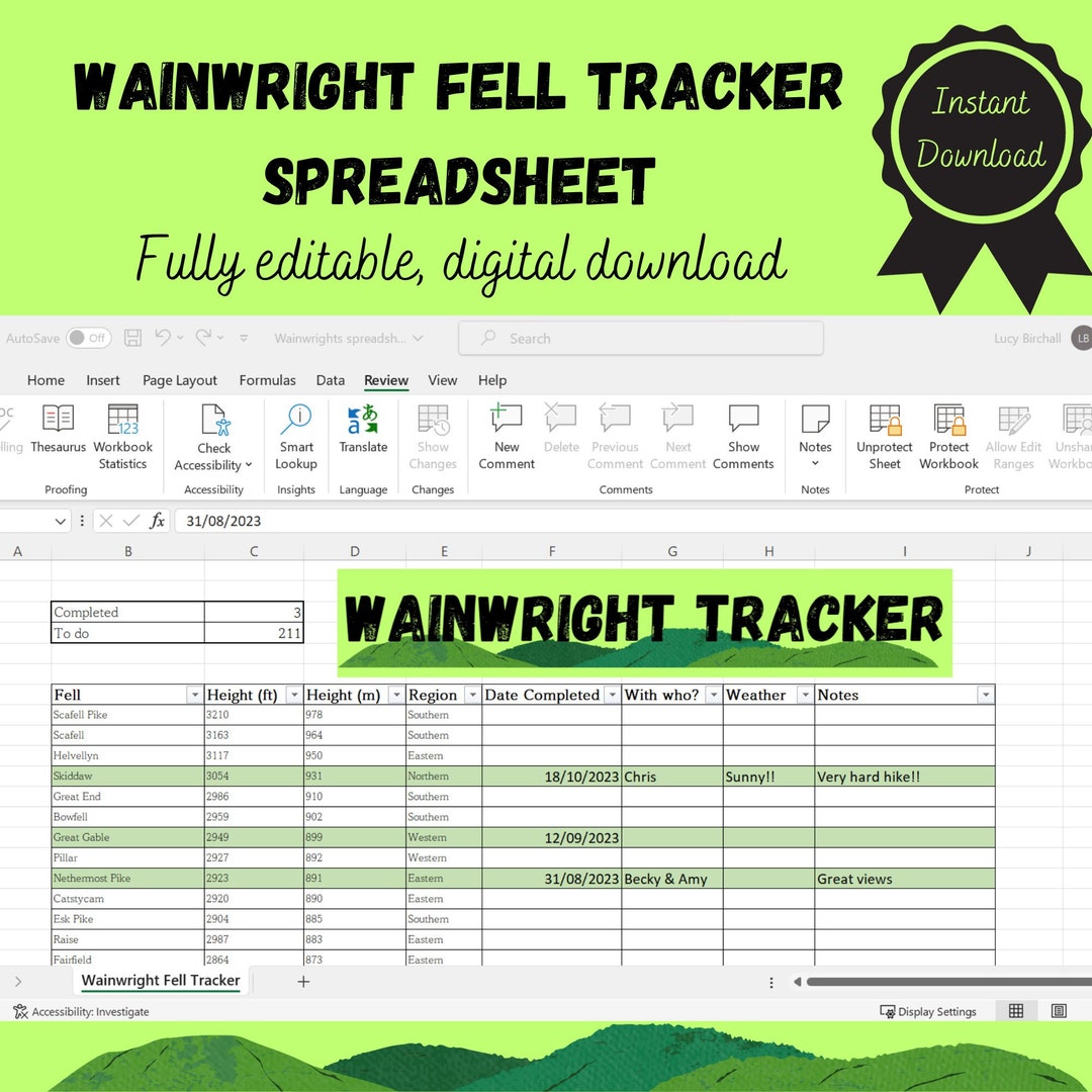 Wainwright Fell Tracking Spreadsheet Log Book - Etsy