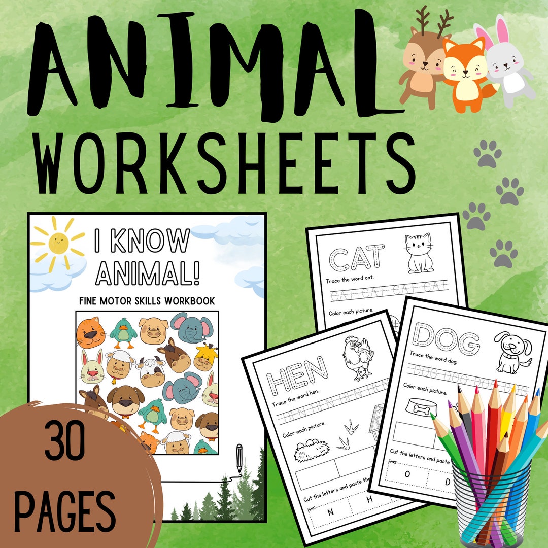 Animal Printable Worksheets Trace Coloring and Cut&paste - Etsy