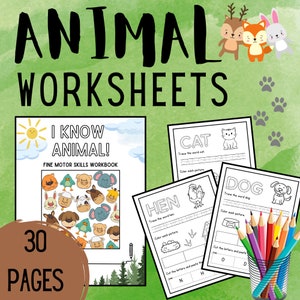 Animal Printable Worksheets Trace Coloring and Cut&paste - Etsy