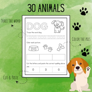 Animal Printable Worksheets | Trace Coloring and Cut&paste - Etsy