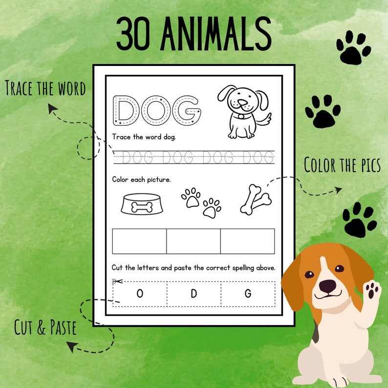 Animal Printable Worksheets | Trace Coloring and Cut&paste - Etsy
