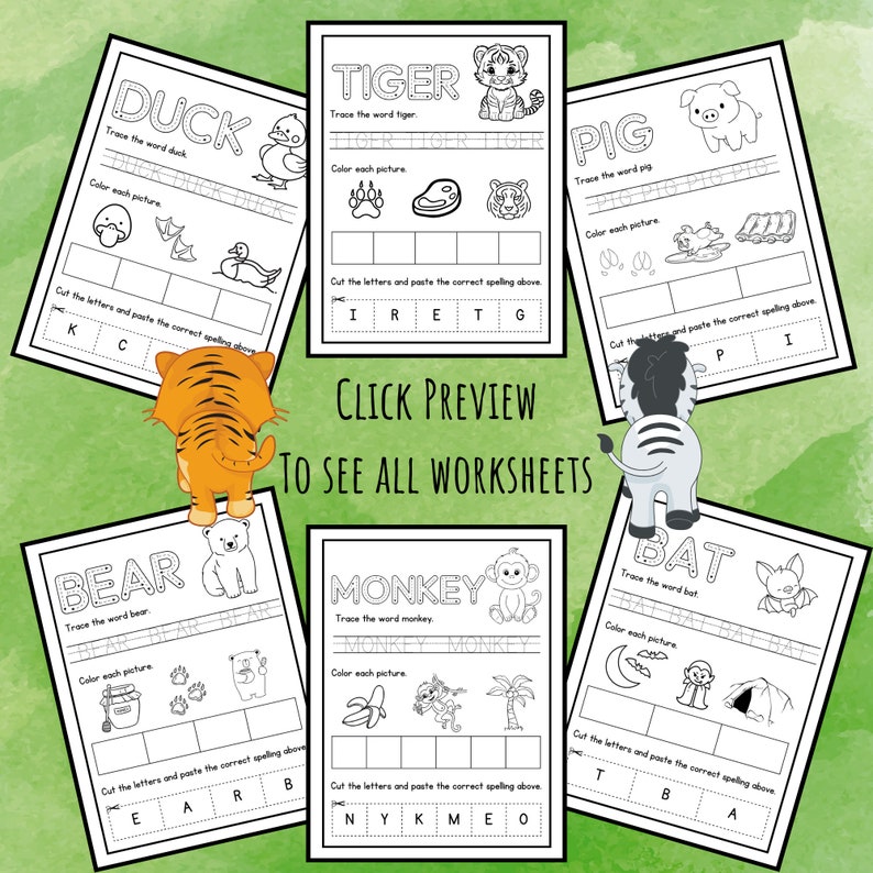Animal Printable Worksheets | Trace Coloring and Cut&paste - Etsy