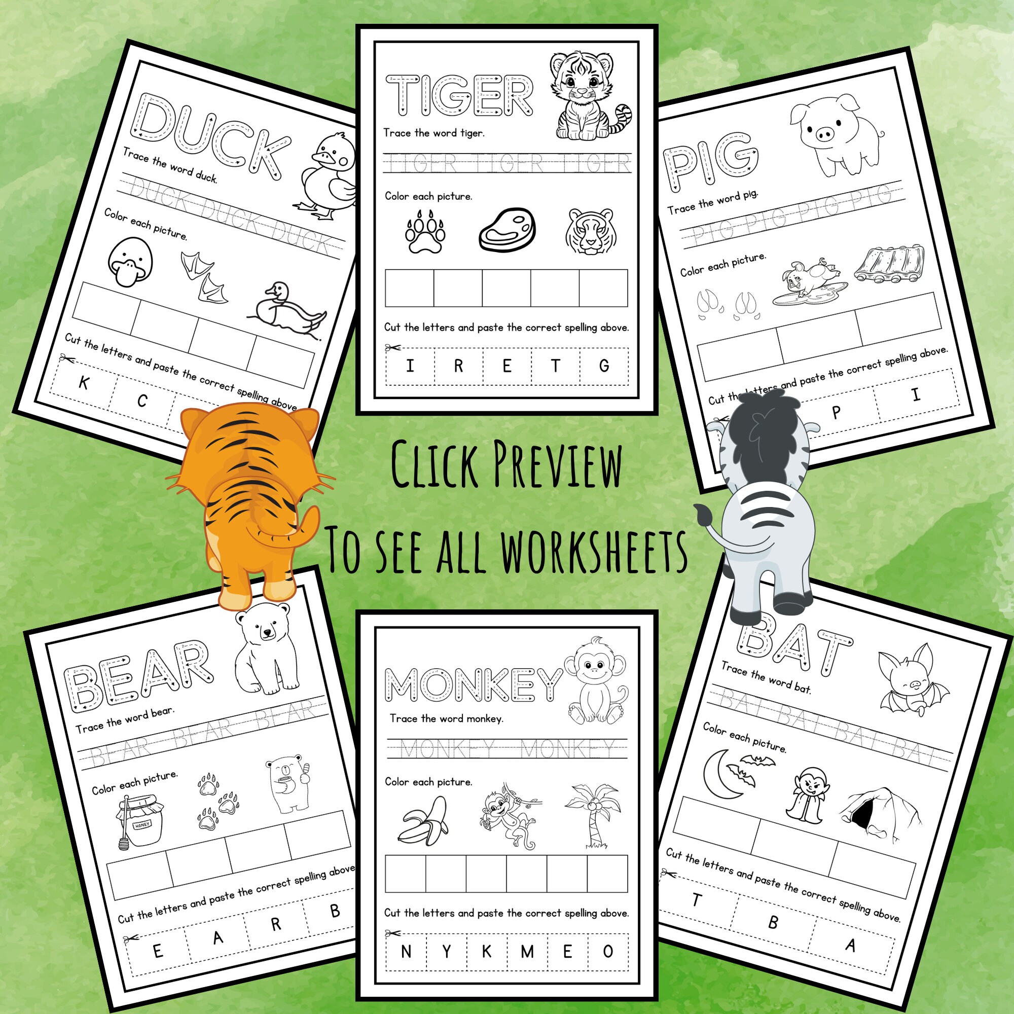 Animal Printable Worksheets | Trace Coloring and Cut&paste - Etsy