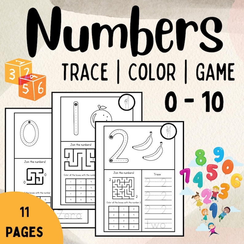 Numbers 0 - 10 Trace, Color, and Game Worksheets - Etsy