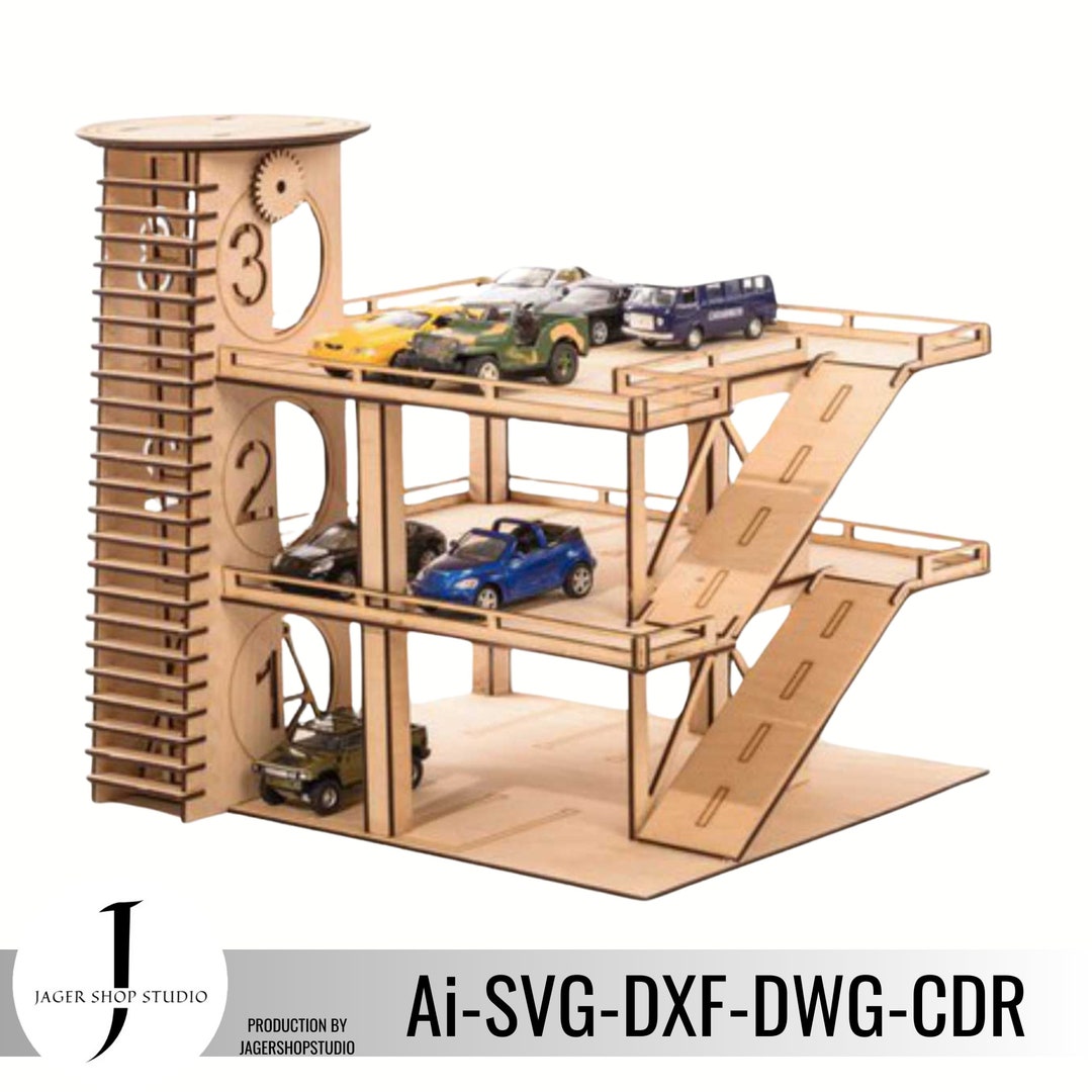 Wooden Toy Car Parking Garage DIY Digital Design With Elevator 3 Floors ...
