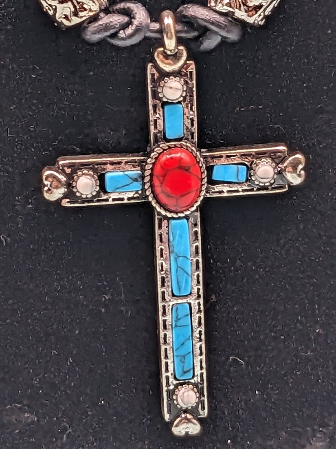 Turquoise and Coral Cross Pendant on Leather. Adjustable - Etsy