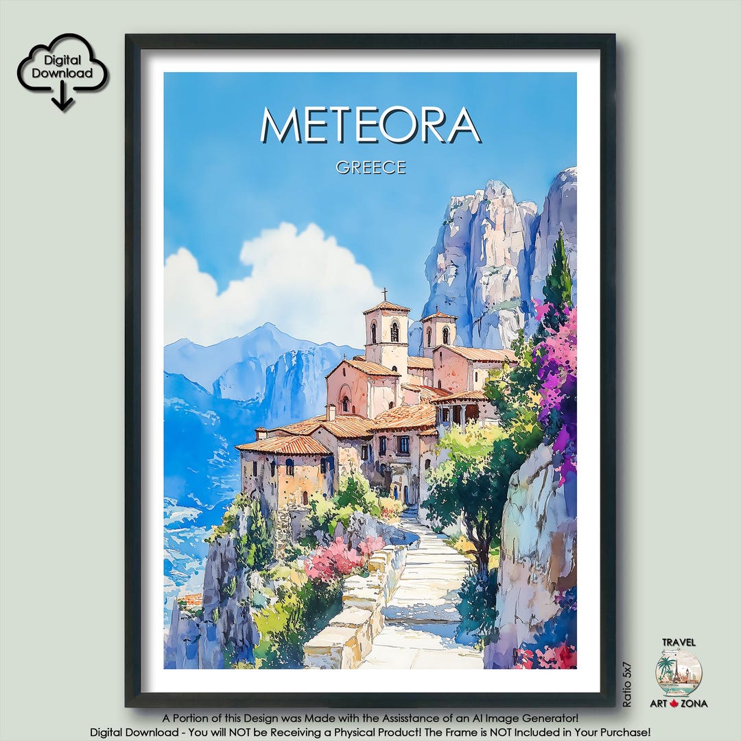 Meteora Travel Watercolor Print Gift Greek Wall Art Gallery Hanging ...