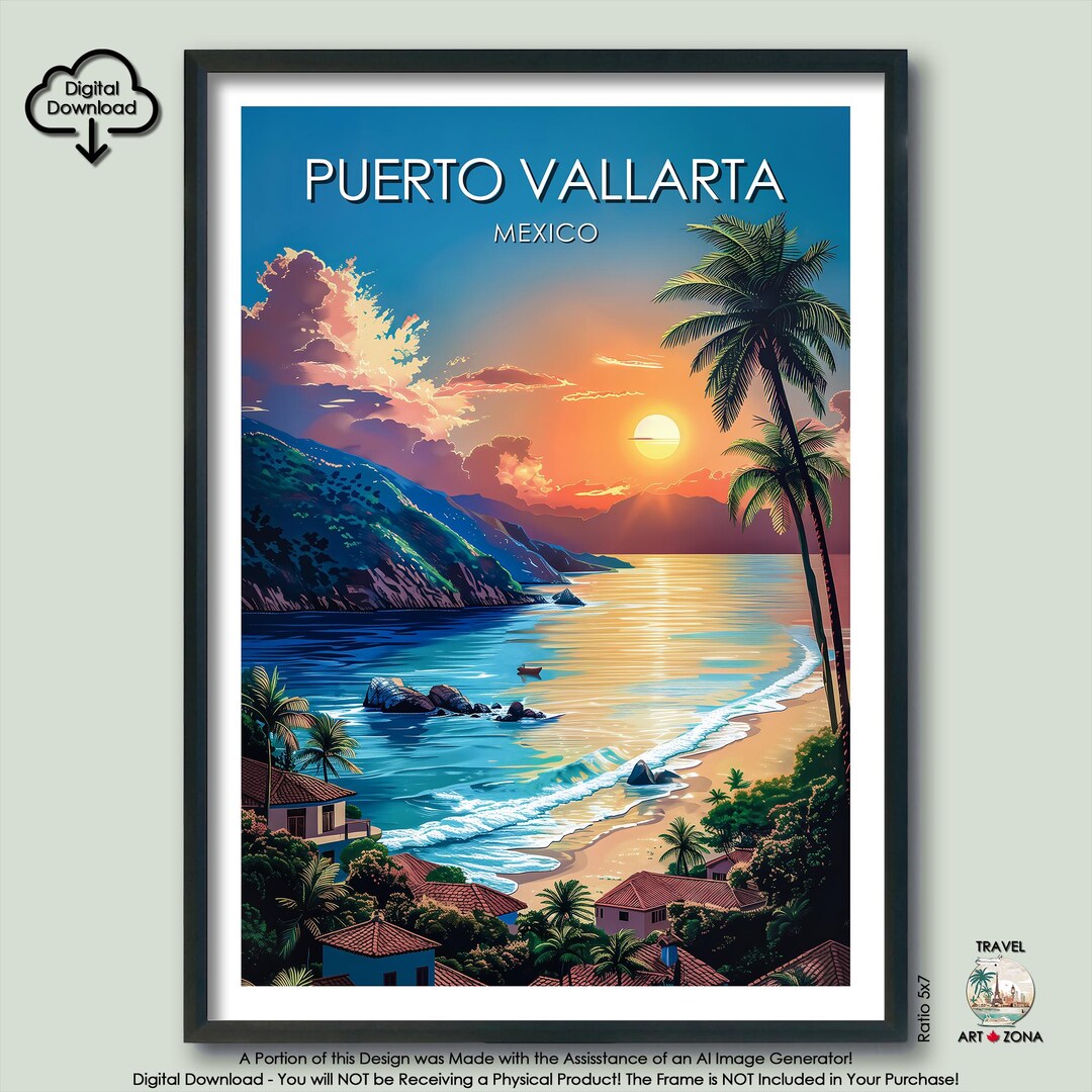 Puerto Vallarta Zona Romantica Sunset Travel Print Gift Puerto Vallarta Gallery Art Mexico ...