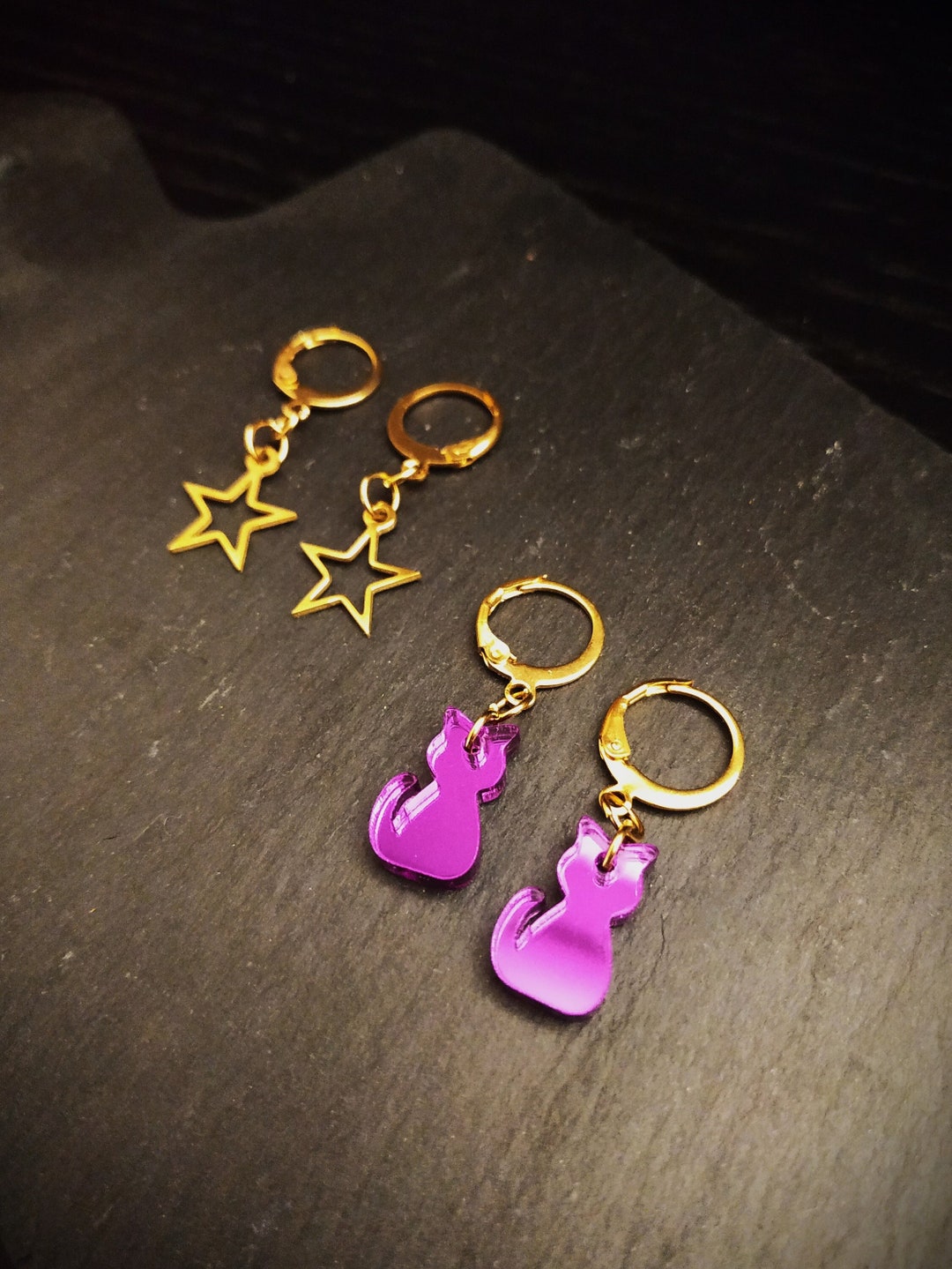 Mismatched Golden Star Purple Cat Huggies Dainty Stainless Steel Hoop ...