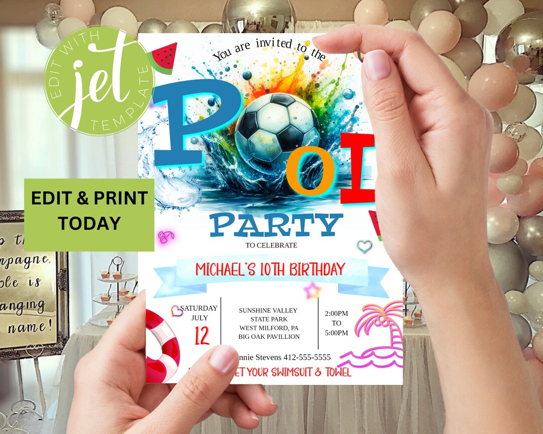 Soccer Pool Party Birthday Invitation, Summer Swimming Pool Party, Pool ...