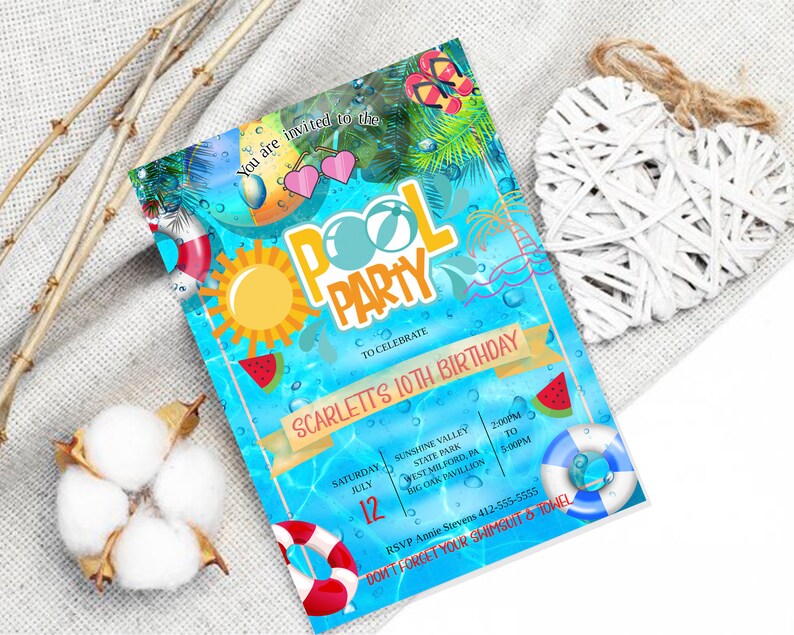 Tropical Pool Party Birthday Invitation, Summer Swimming Pool Party ...