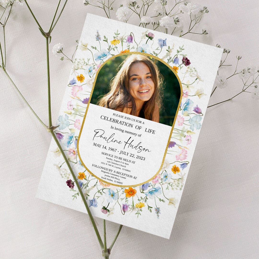 Wildflowers Celebration of Life Invitation, Funeral Announcement Card ...