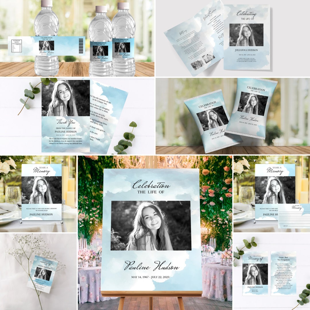 Stylish Blue Funeral Template Bundle, Blue Memorial Stationery Set ...