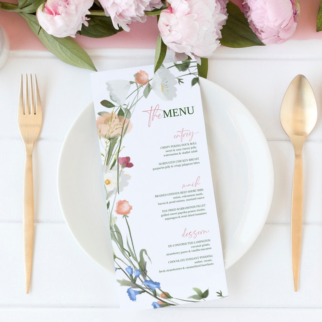Wildflower Menu Template, Garden Party Bridal Shower Menu, Flowers Baby ...