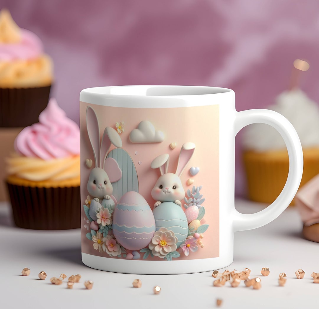 Easter Bunnies Gift Mug, Cute Rabbits and Easter Eggs, 3D Effect Pastel ...