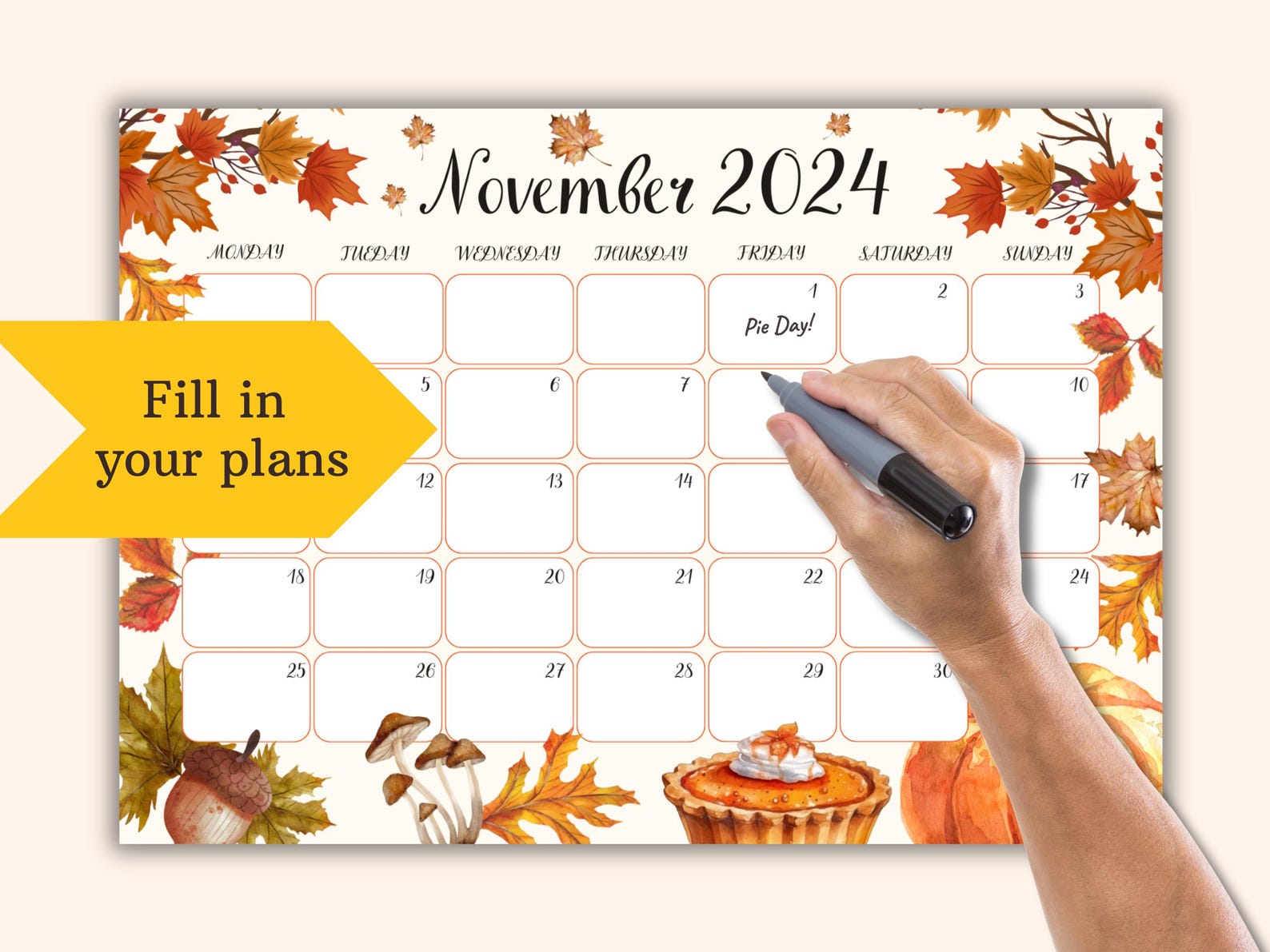 Editable November 2024 Calendar, Fall Leaves, Autumn Printable Editable ...