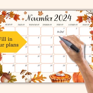 Editable November 2024 Calendar, Fall Leaves, Autumn Printable Editable ...