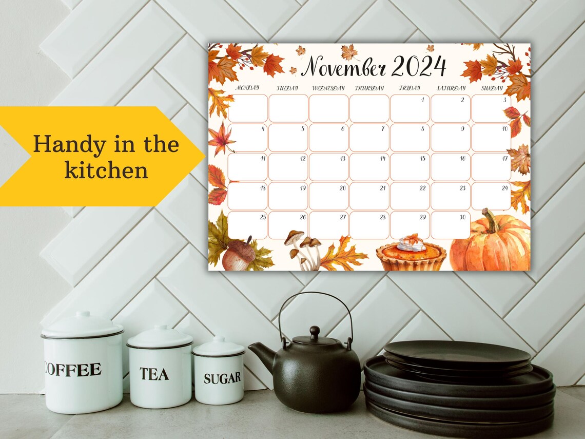 Editable November 2024 Calendar, Fall Leaves, Autumn Printable Editable ...