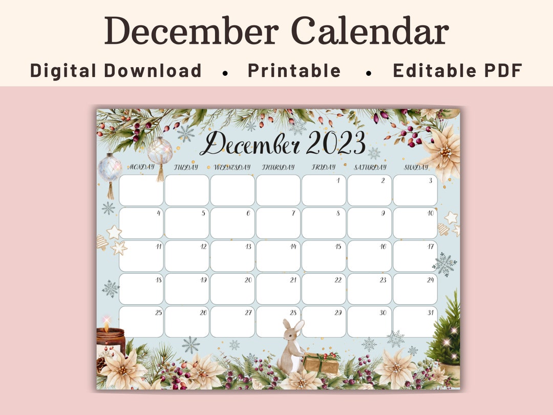 Editable December 2023 Calendar, Winter Greenery, Christmas Printable ...