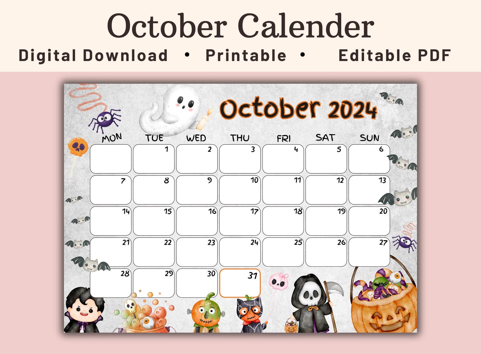 Editable October 2024 Calendar, Cute Halloween Printable Editable ...