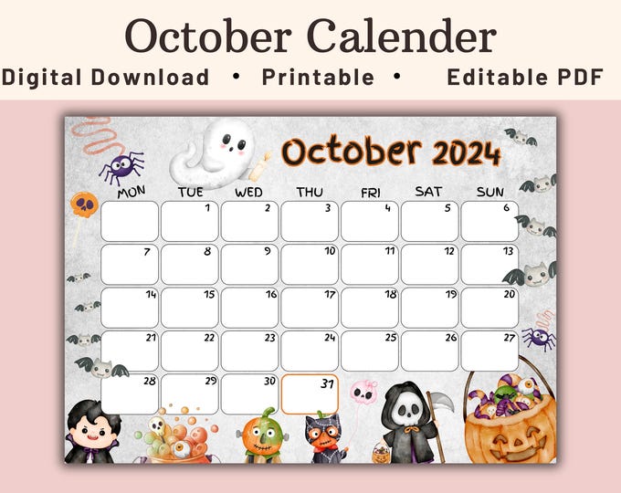 Editable October 2024 Calendar, Cute Halloween Printable Editable ...